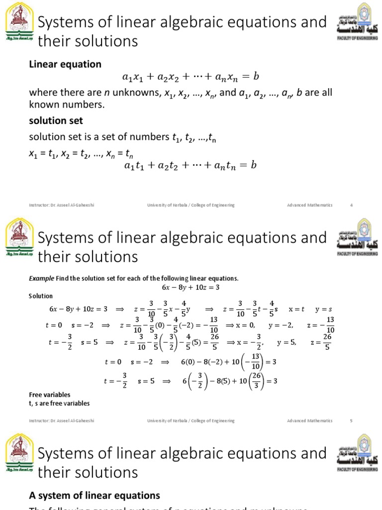 Systems of Linear Algebraic Equations and Their Solutions | PDF ...