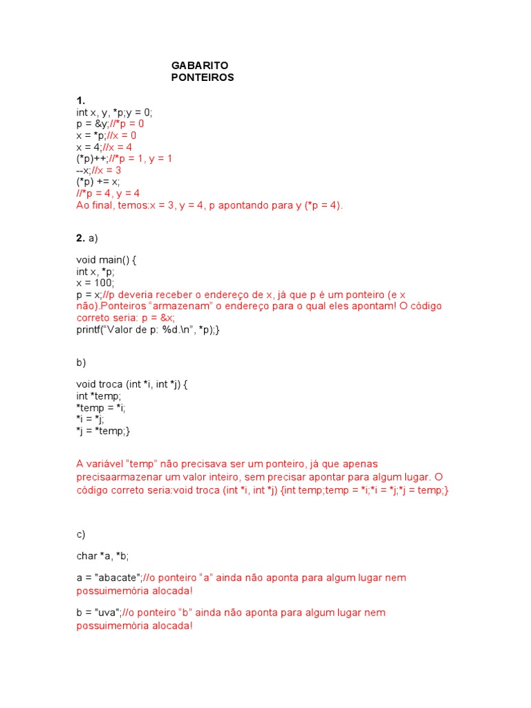 Lista de Exercicios Ponteiros - Gabarito | PDF | Ponteiro (programação ...