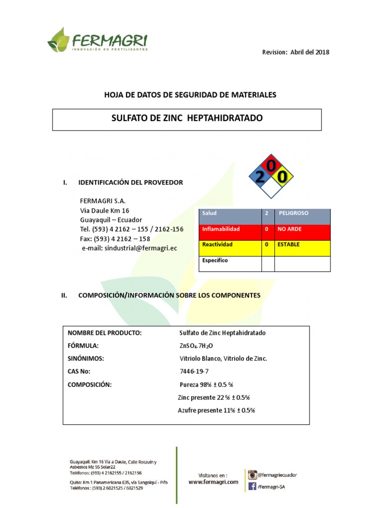 MSDS Sulfato Zinc Heptahidratado | PDF | Agua | Toxicidad