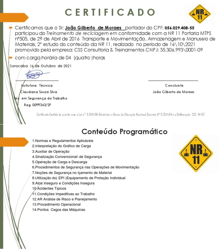 Certificado NR 11 João Gilberto de Moraes 10-2021 | PDF