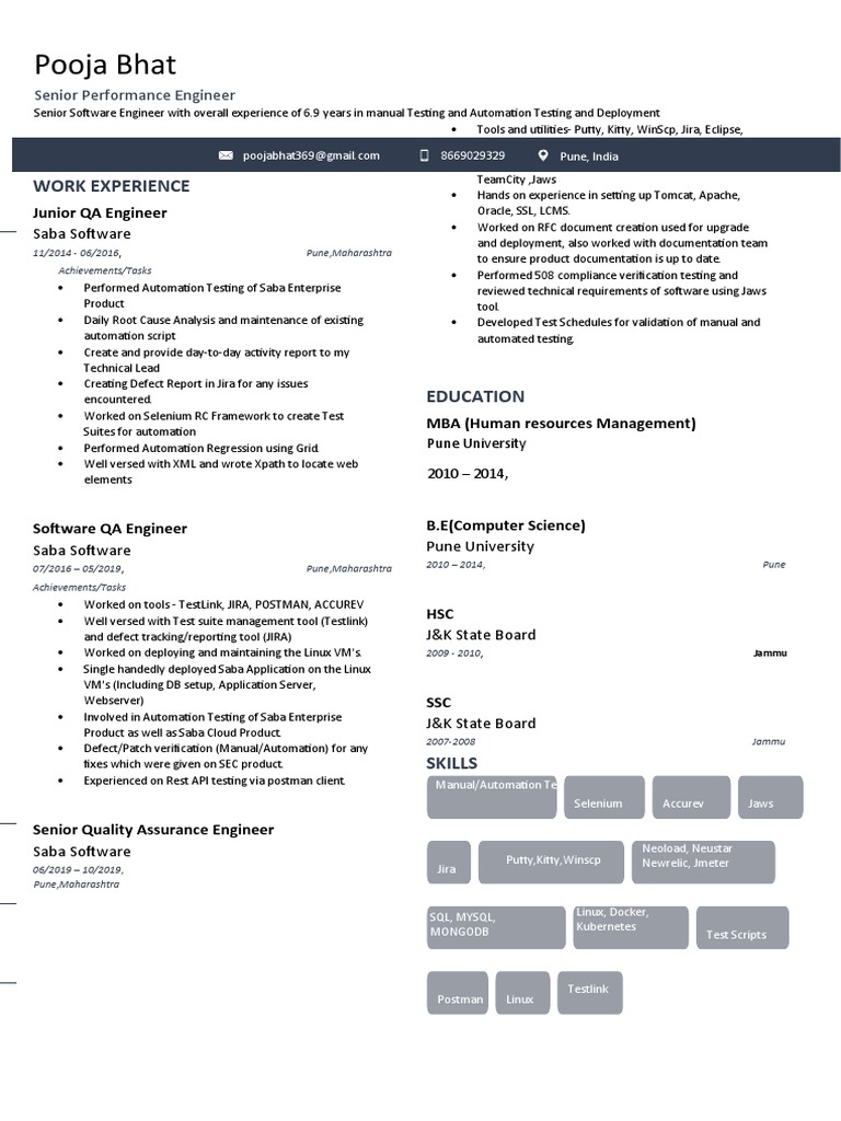 Pooja Bhat: Work Experience | Download Free PDF | My Sql | Selenium (Software)