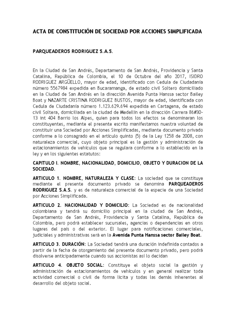 Acta de Constitución de Sociedad Por Acciones Simplificada | PDF | Quórum | Sociedad de ...