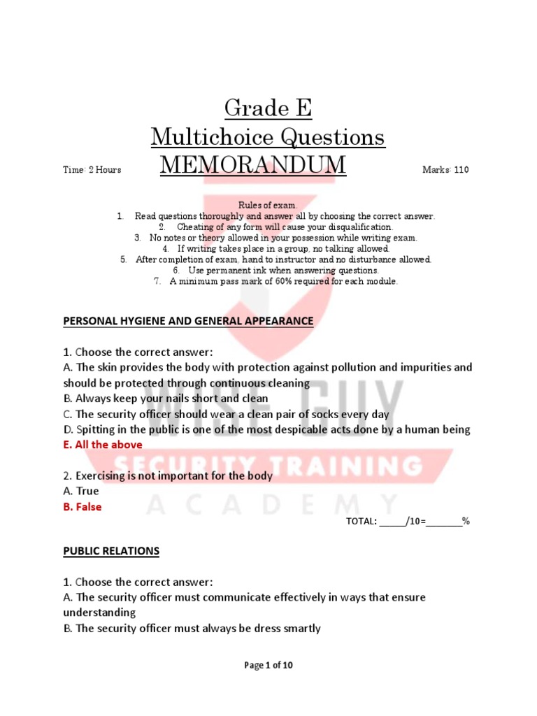 Grade e Multichoice Questions Memorandum New | PDF | Security Guard ...