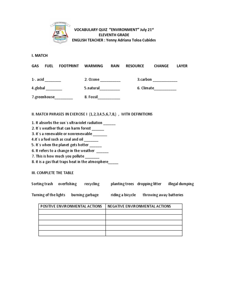 Vocabulary Quiz "Environment" July 21 Eleventh Grade ENGLISH TEACHER ...