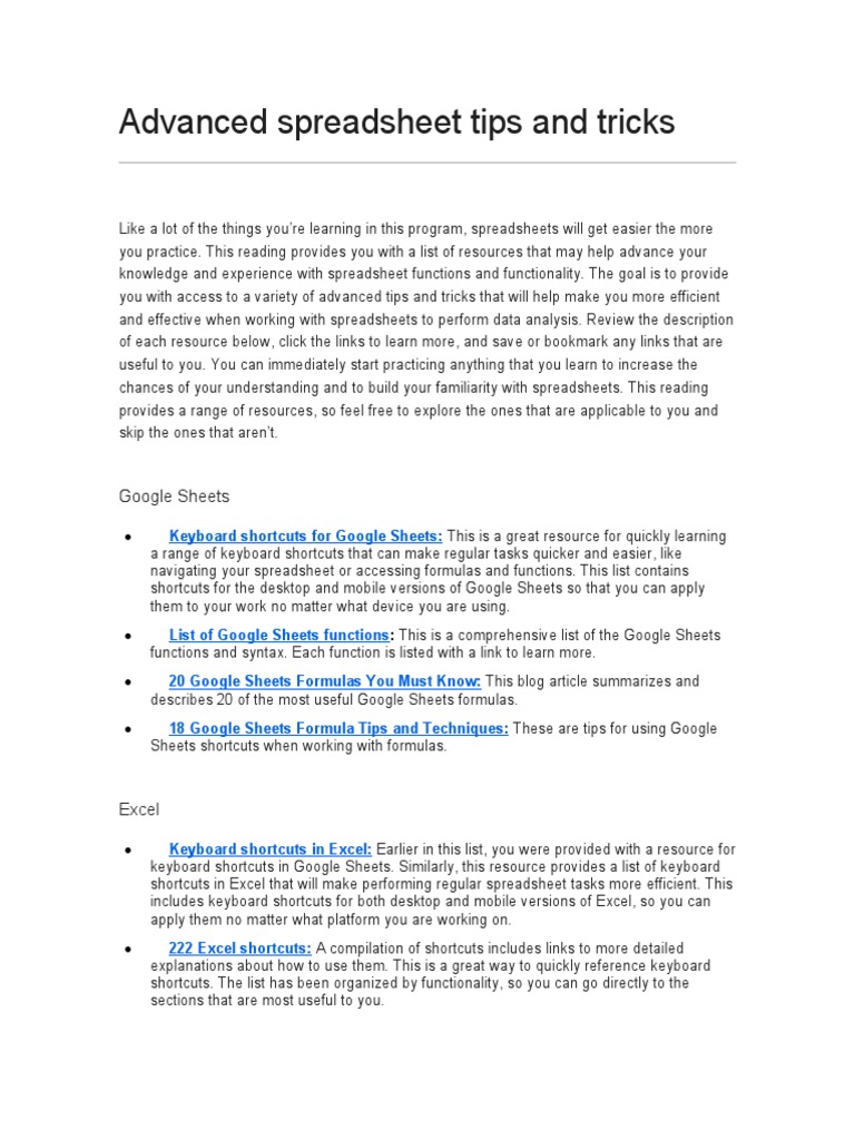 Tips and Tricks in Sheets | PDF | Microsoft Excel | Spreadsheet