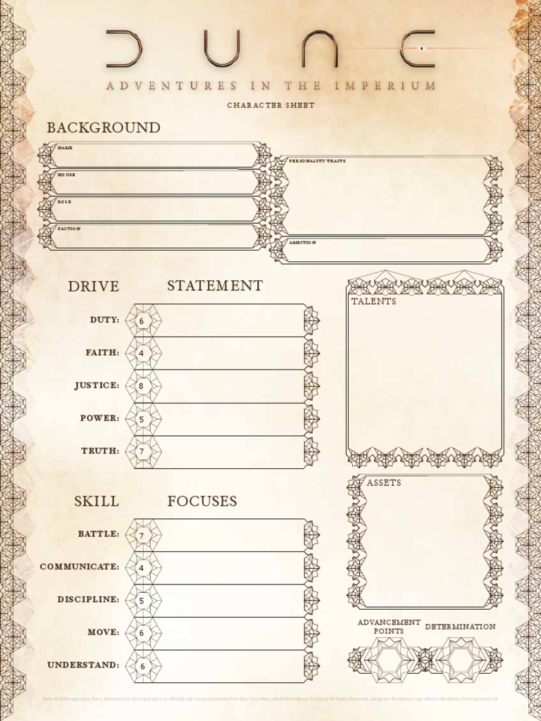Fillable Dune Character Sheet Colour 17-12-20 Mk2 | PDF