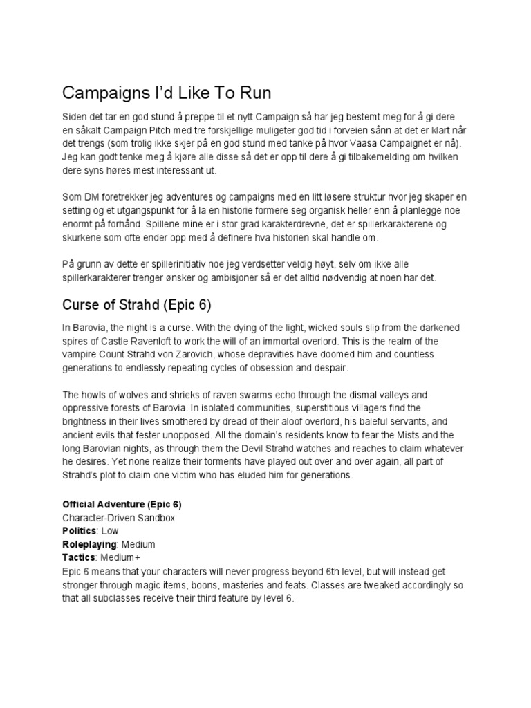 Campaigns I'd Like To R Un: Curse of Strahd (Epic 6) | PDF | Dungeons ...
