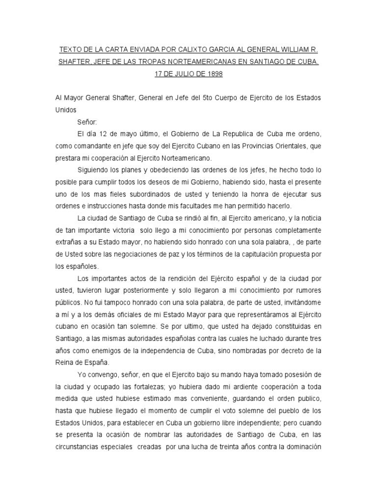 Carta Enviada Por Calixto Garcia Al General William R | PDF | Cuba ...