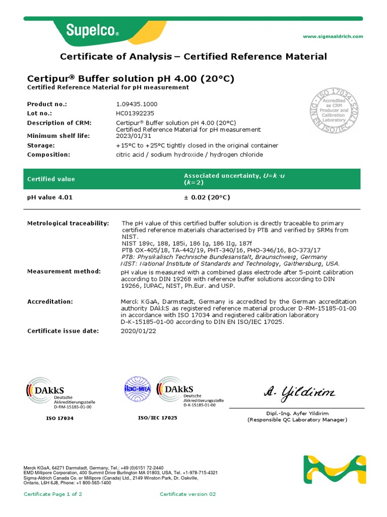 COA Buffer PH 4 | PDF | Ph | Buffer Solution