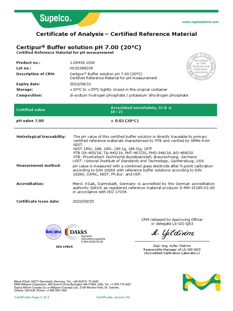 COA Buffer PH 7 | PDF | Ph | Calibration