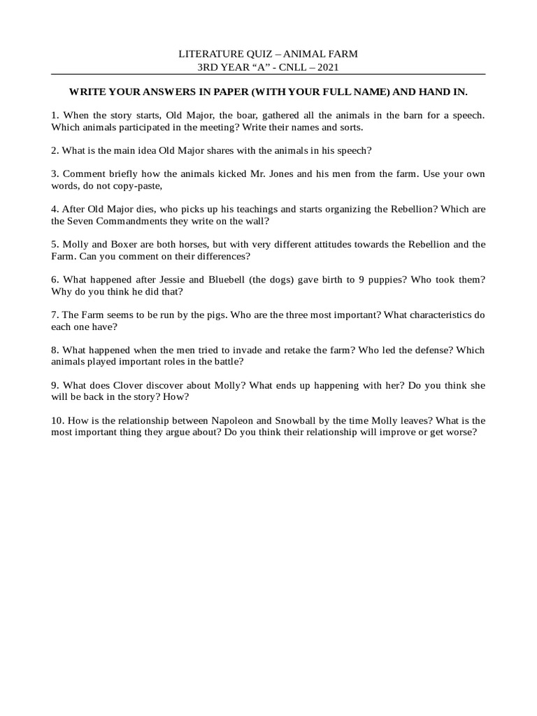 Animal Farm Quiz: Chapters 1-3 Insights | PDF