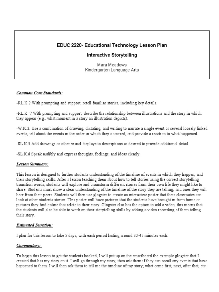 Kindergarten Interactive Storytelling Plan | PDF | Storytelling ...