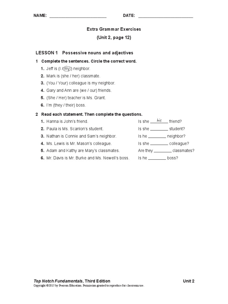 Extra Grammar Exercises (Unit 2, Page 12) : Top Notch Fundamentals, Third Edition | PDF ...