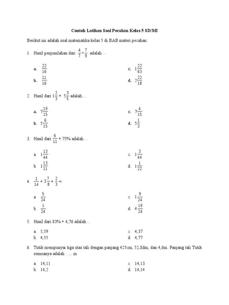 Contoh Latihan Soal Pecahan Kelas 5 SD | PDF