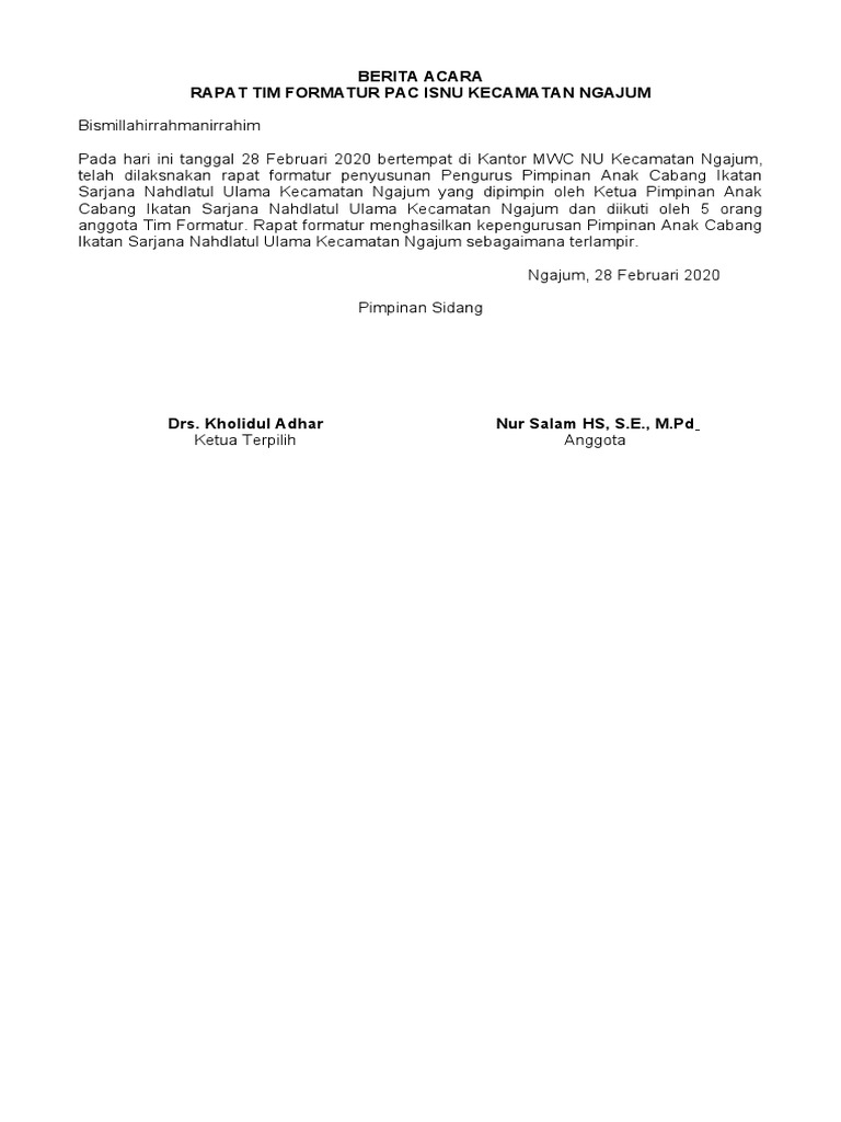ISNU - NGAJUM Berita Acara Rapat Tim Formatur | PDF