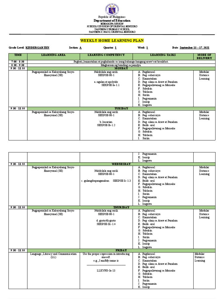 Quarter 1 Week 1 To 5 Kinder Weekly Home Learning Plan S.Y. 2021-2022 ...
