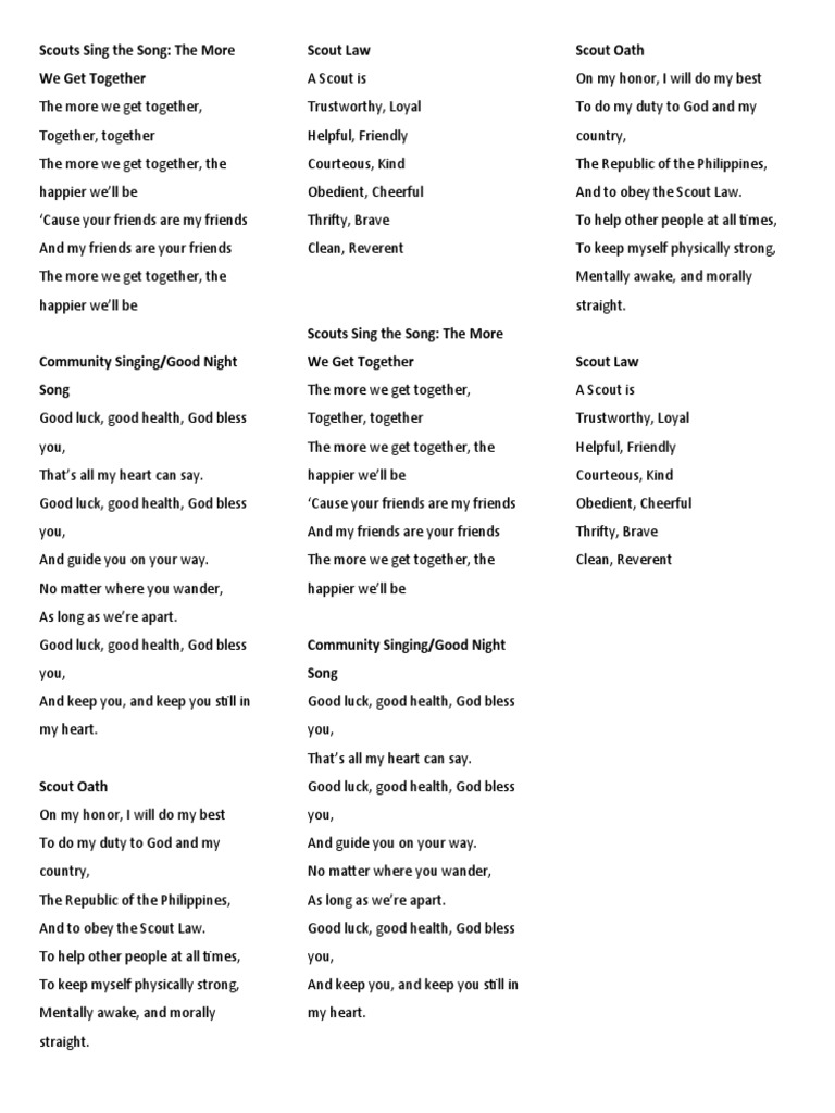 Scouts Sing The Song: The More We Get Together Scout Law Scout Oath | PDF