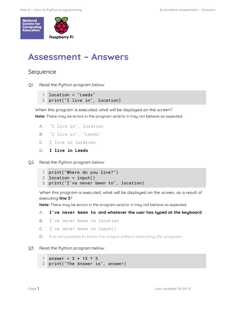 Summative Assessment Answers Introduction To Python Programming Y8 Pdf Python 
