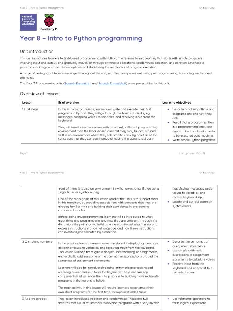 Unit Overview - Intro To Python Programming - Y8 | PDF | Python ...