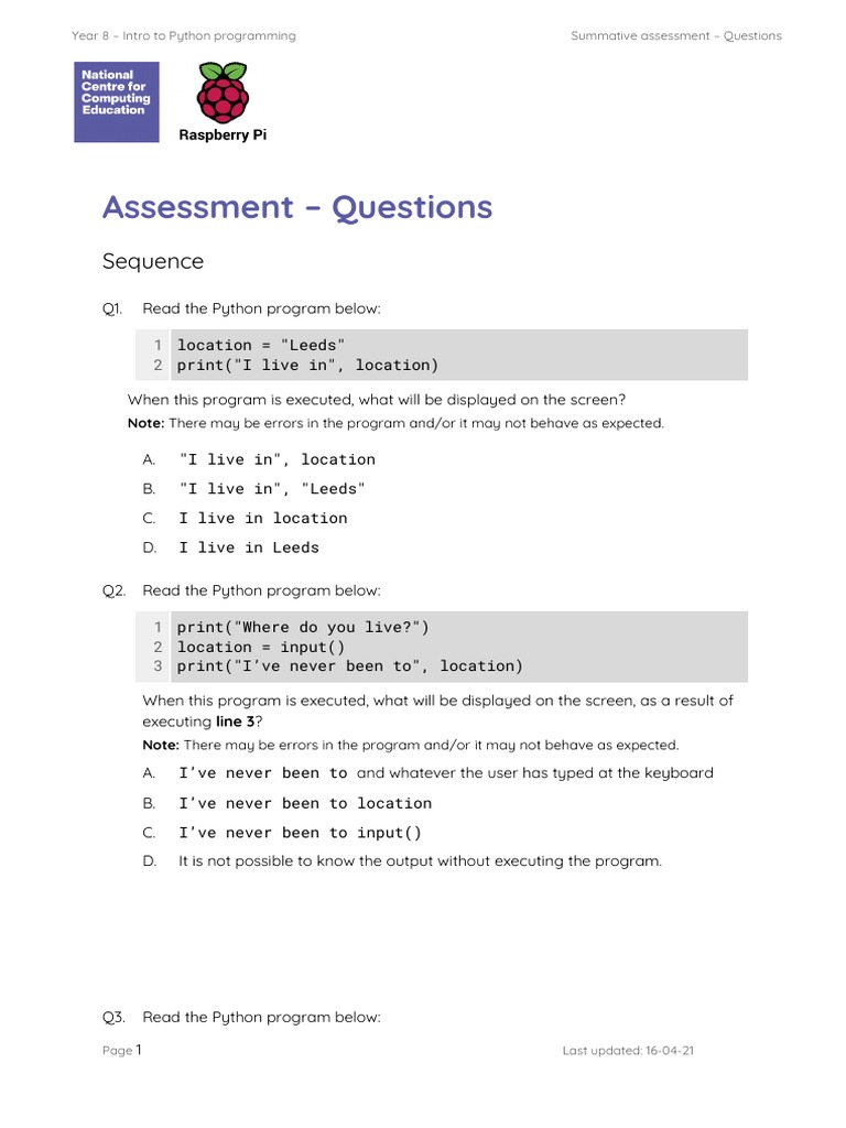 Summative Assessment - Introduction To Python Programming - Y8 | PDF | Python (Programming ...