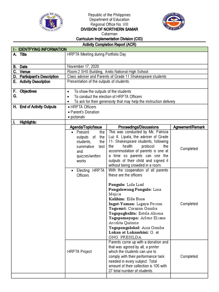 ACR of Classroom Meeting During Portfolio Day | PDF | Cognition ...