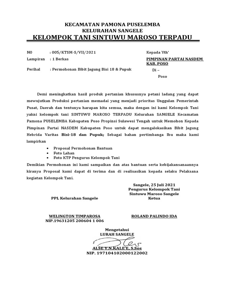 Proposal Bantuan Bibit Jagung Dan Pupuk Sangele | PDF