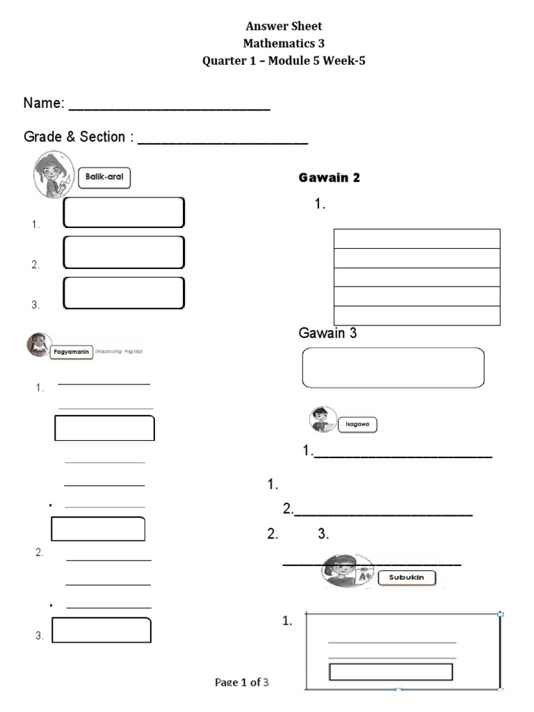 Answer Sheet Grade 3 Week 5 Math | PDF | Mathematics | Science