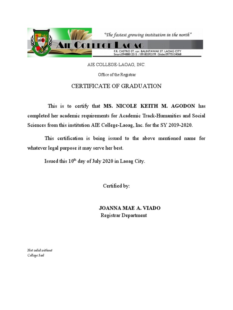 Certificate of Graduation: Aie College-Laoag, Inc | PDF