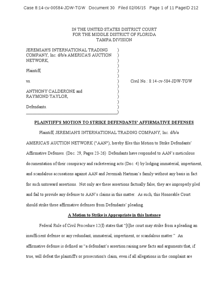 Plaintiff'S Motion To Strike Defendants' Affirmative Defenses ...