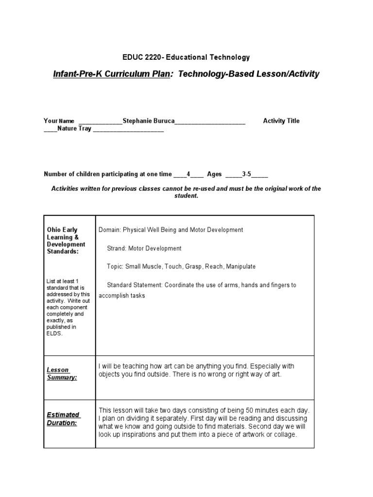 Infant-Pre-K Curriculum Plan: Technology-Based Lesson/Activity | PDF ...
