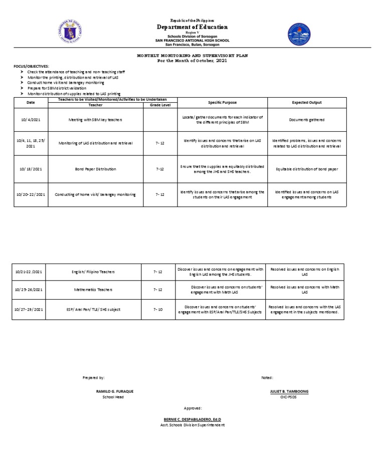 Monthly Monitoring and Supervisory Plan 20211 | PDF