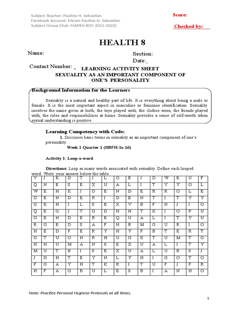 Health 8: Name: Contact Number: Section: Date | Download Free PDF ...
