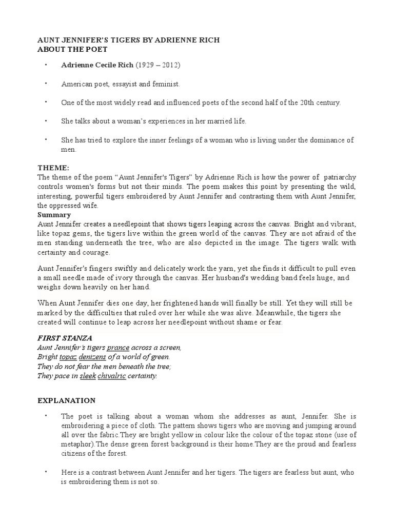 12-English - Aunt Jennifer's Tigers-Notes | PDF