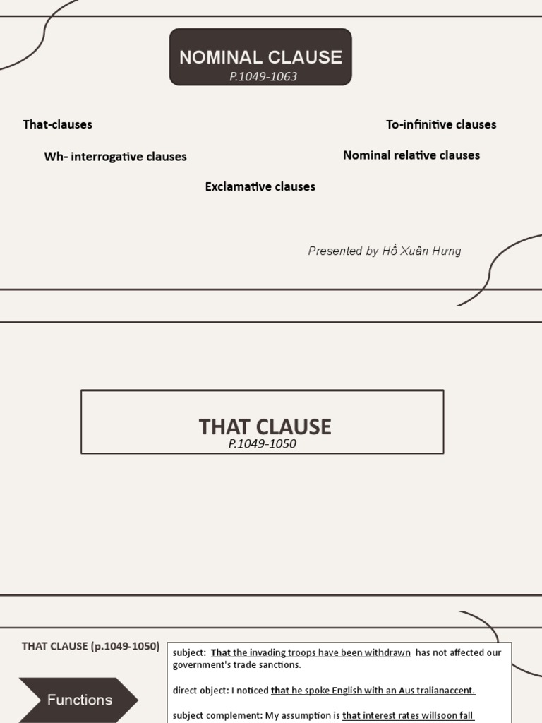 Nominal Clause: That-Clauses Wh-Interrogative Clauses Exclamative Clauses Nominal Relative ...