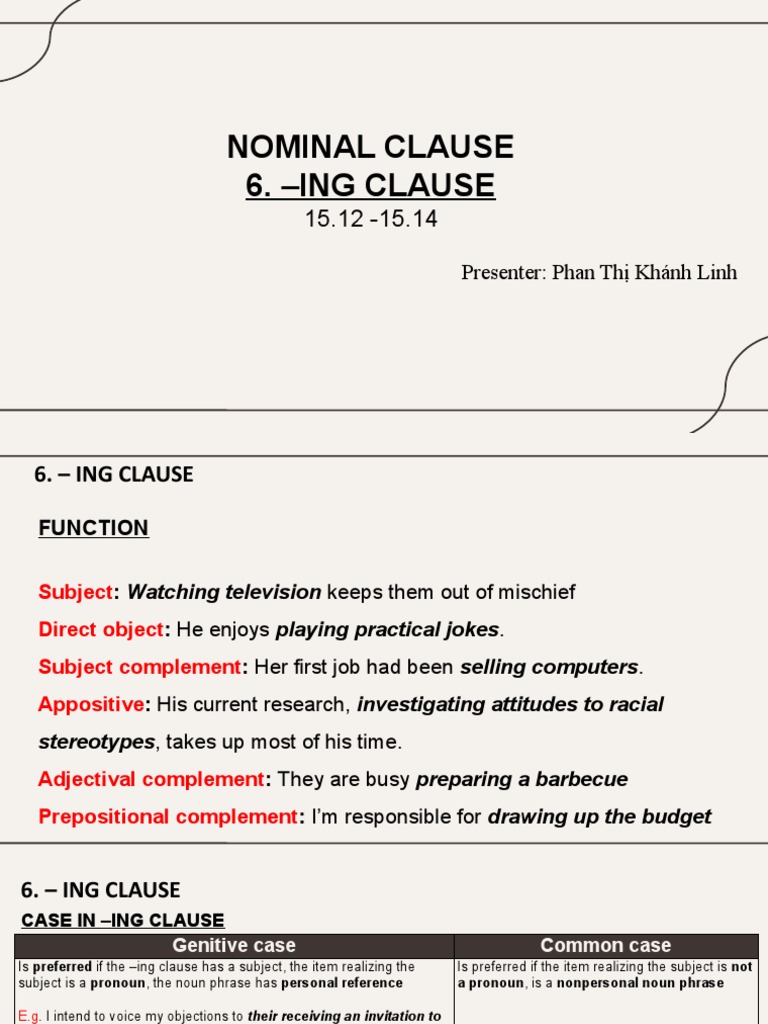 Nominal Clause & Syntactic Functions of Adverbial Clauses | PDF | Clause | Predicate (Grammar)