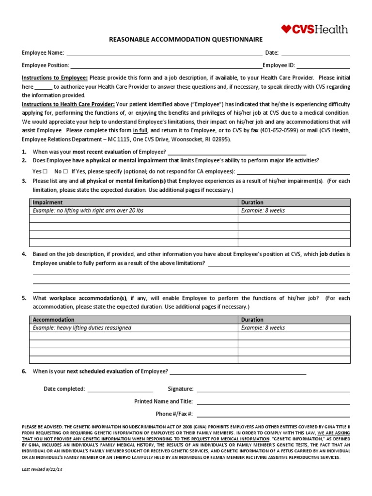 Reasonable Accommodation Questionnaire: Example: No Lifting With Right ...