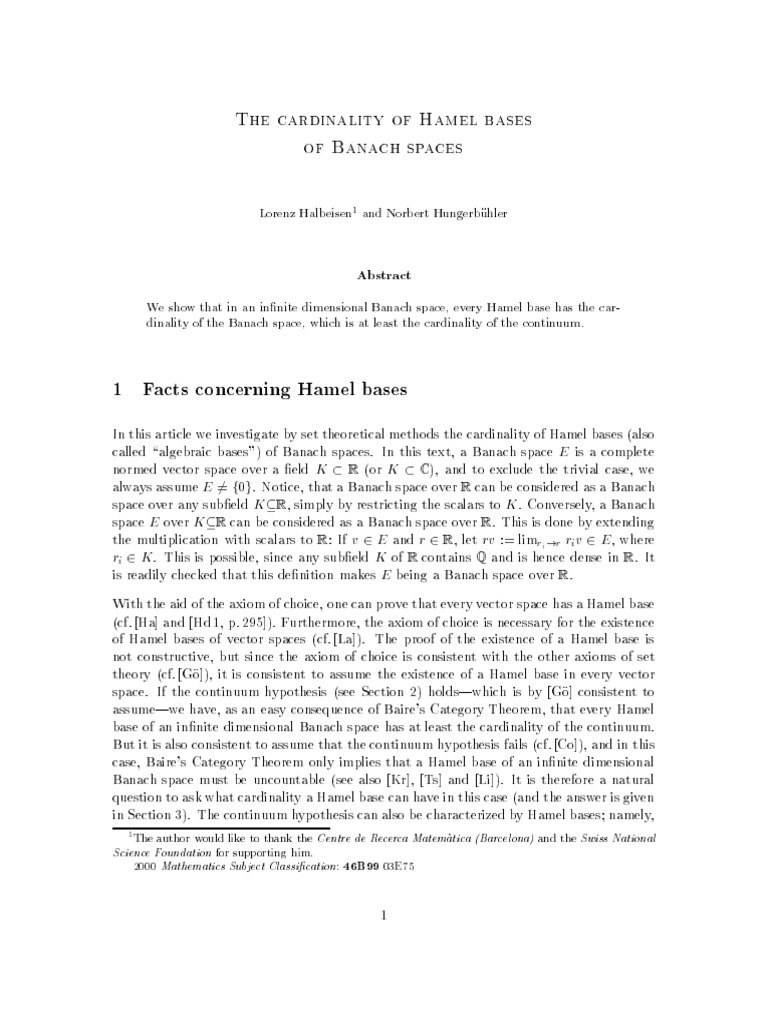The Cardinality of Hamel Bases of Banach Spaces - Lorenz Halbeisen ...
