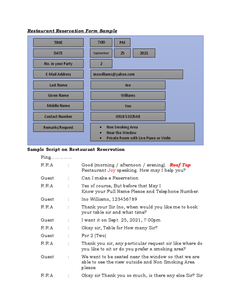 Restaurant Reservation Form Sample | PDF