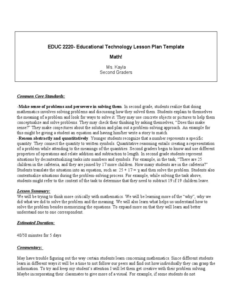 EDUC 2220-Educational Technology Lesson Plan Template Math! | PDF ...