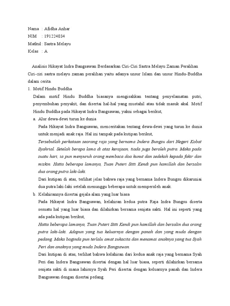 Afidha Anhar - Sastra Melayu - Analisis Ciri-Ciri Sastra Melayu Zaman Peralihan (Hikayat Indra ...