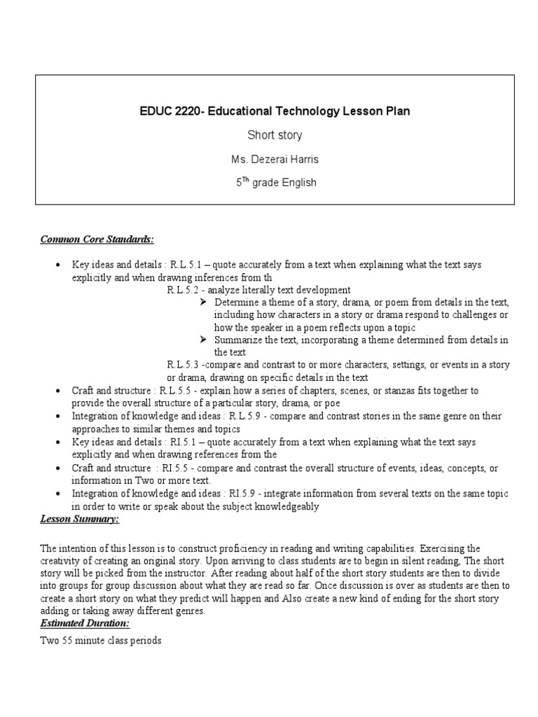 Educ 2220 Lesson Plan - Short Story | PDF | Pedagogy | Educational Psychology