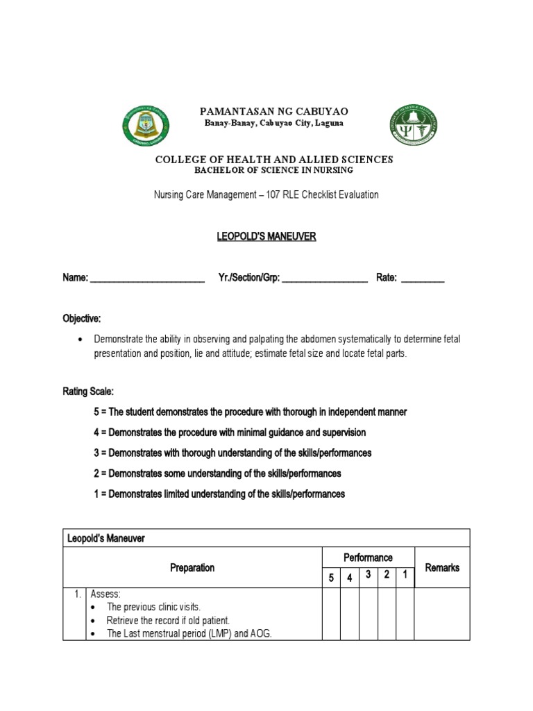 Leopolds Maneuver Checklist | PDF | Uterus | Anatomy