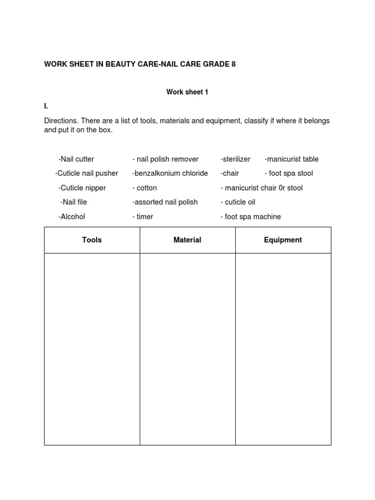 Nail Care Worksheets for Grade 8 | PDF | Nail (Anatomy) | Foot