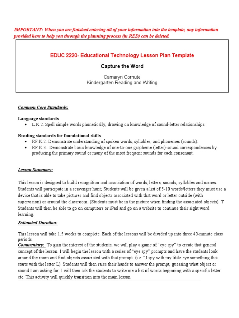 EDUC 2220-Educational Technology Lesson Plan Template | PDF | Reading ...