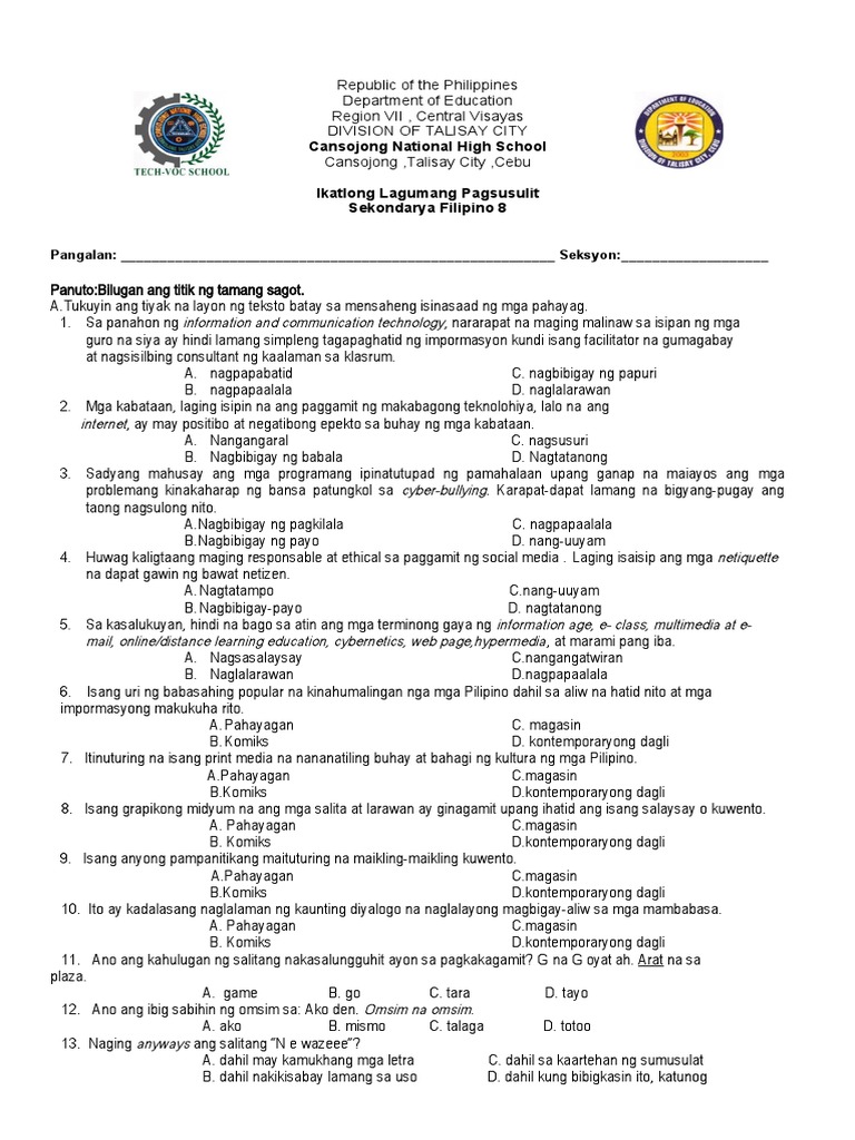 SUMMATIVE TEST in Filipino 8 2020-2021 | PDF