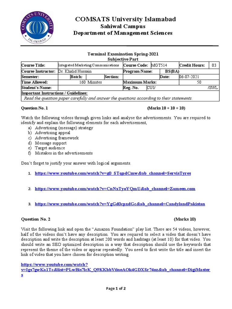 COMSATS University Islamabad: Sahiwal Campus Department of Management ...