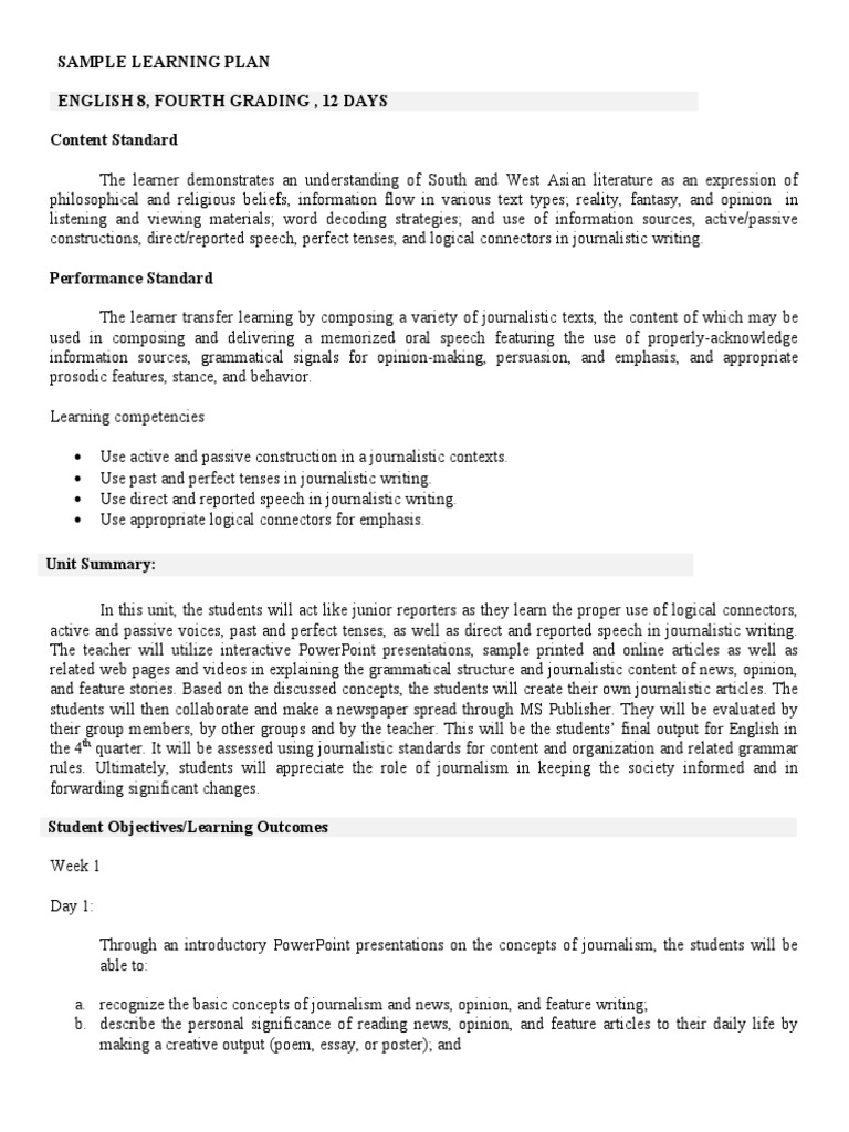 Sample Learning Plan English 8, Fourth Grading, 12 Days Content ...