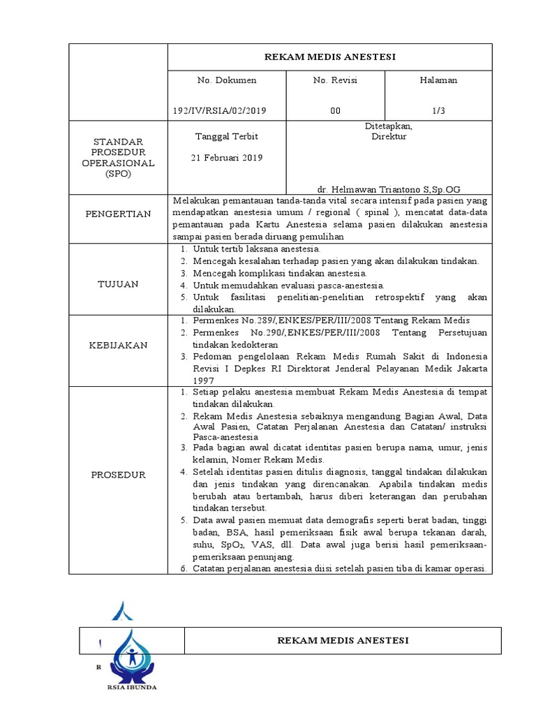 SPO Rekam Medis Anestesi | PDF | Kesehatan Holistik | Sains & Matematika