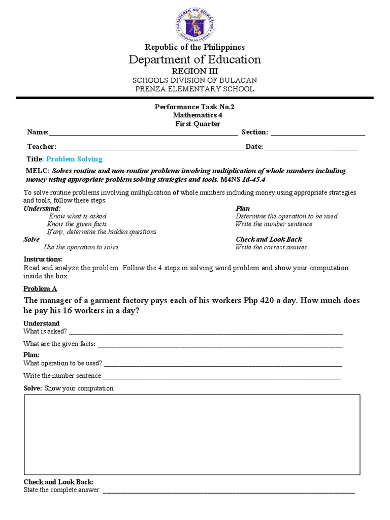 Problem Solving Multiplication Word Problems: Performance Task on ...