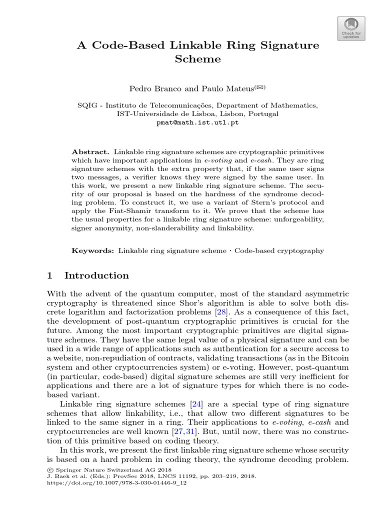Code-Based Linkable Ring Signature Scheme | PDF | Cryptography ...